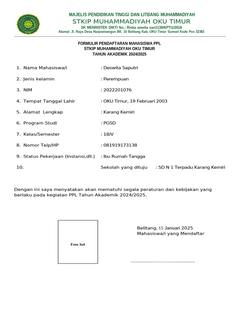 Formulir Pendaftaran KKN | PDF