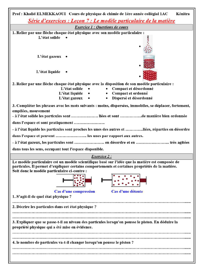 Série D'exercices Leçon 7 Le Modèle Particulaire de La Matière | PDF