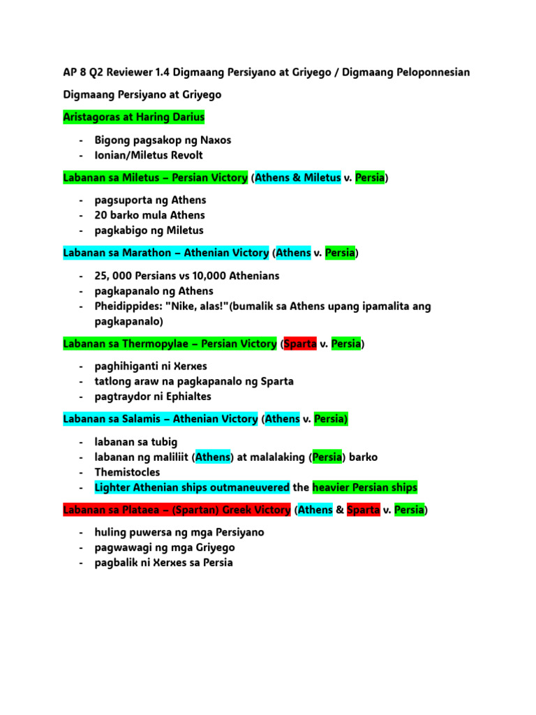 AP 8 Q2 Reviewer 1.4 PersiyanoGriyegoPeloponnesus 1 | PDF