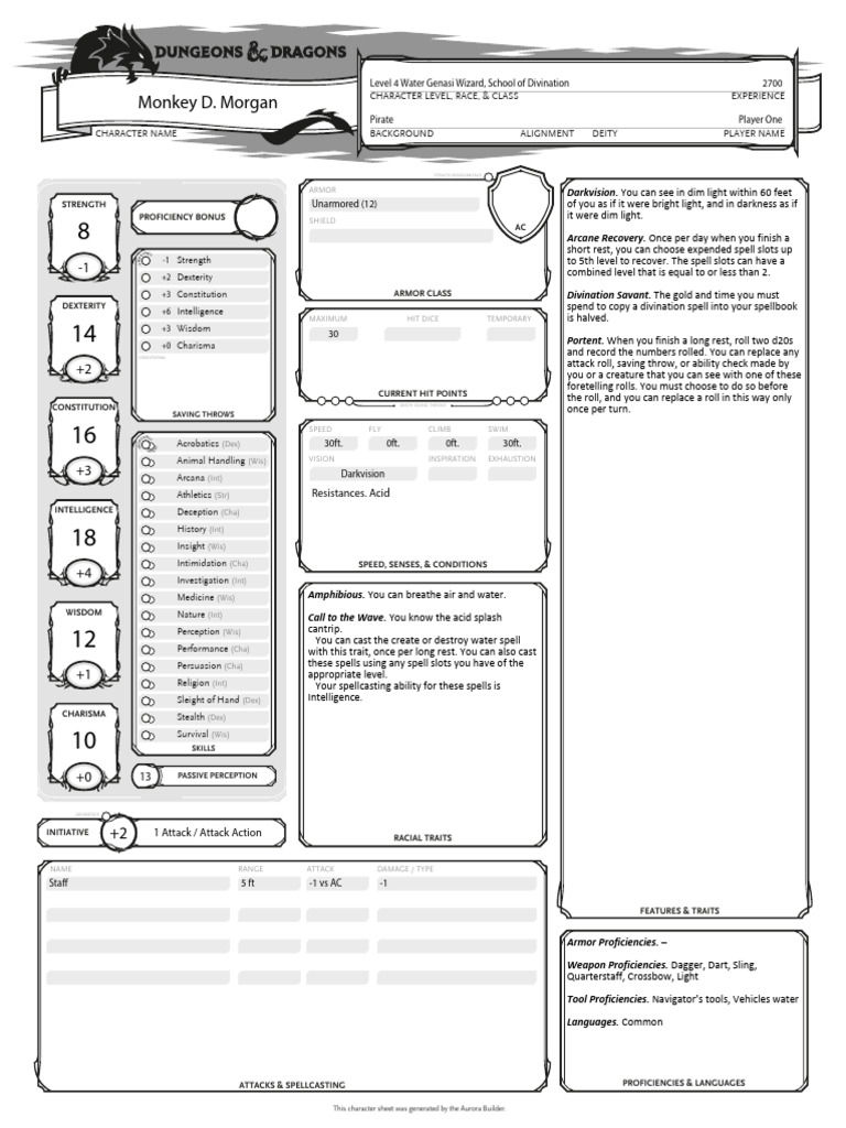 D&D Character Sheet: Water Genasi Wizard | PDF | D20 System | Gary ...