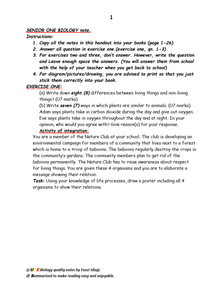 Senior One Biology Notes Summary | PDF | Tissue (Biology) | Virus