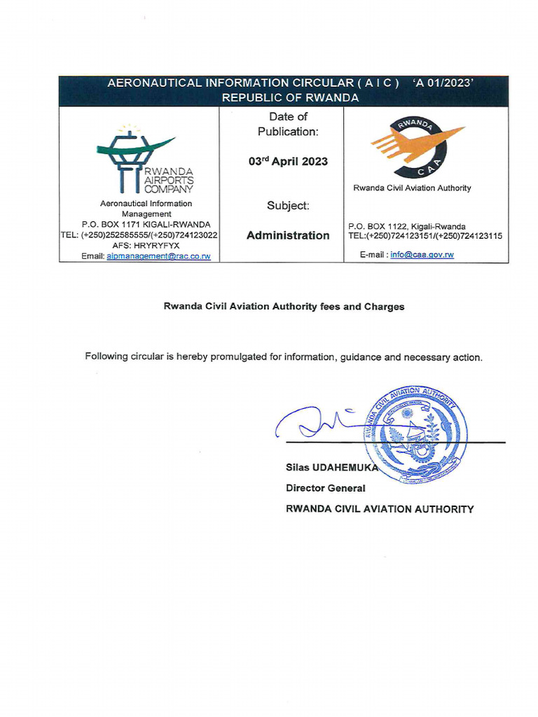 AIC A 01 2023 RCAA FEES AND CHARGES Final | PDF | Flight Instructor | Aerodrome