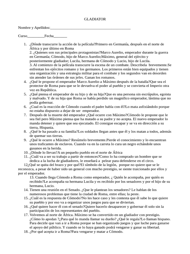 Cuestionario sobre "Gladiator" | PDF