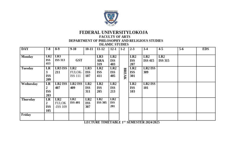 Lecture Timetable_islamic Studies 1st Sem_2024_2025 | PDF