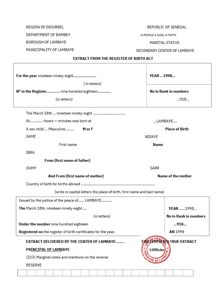 Birth Registration Extract 1998 Lambaye | PDF | Family | Human Development