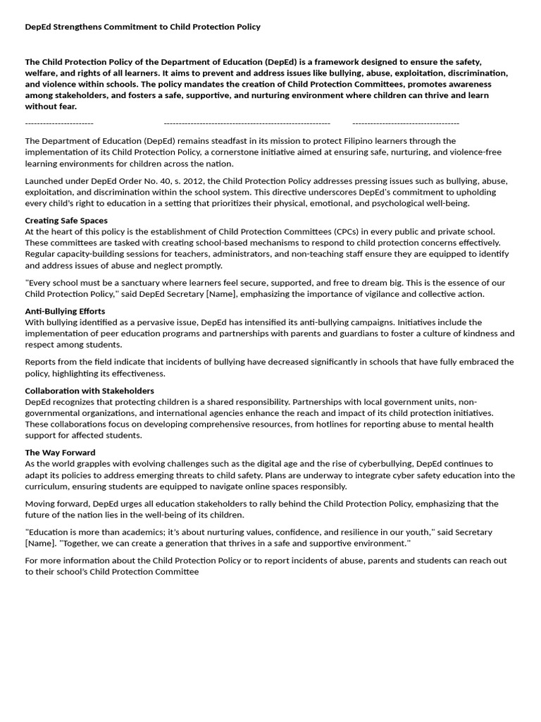 DepEd Strengthens Commitment To Child Protection Policy | PDF | Child ...