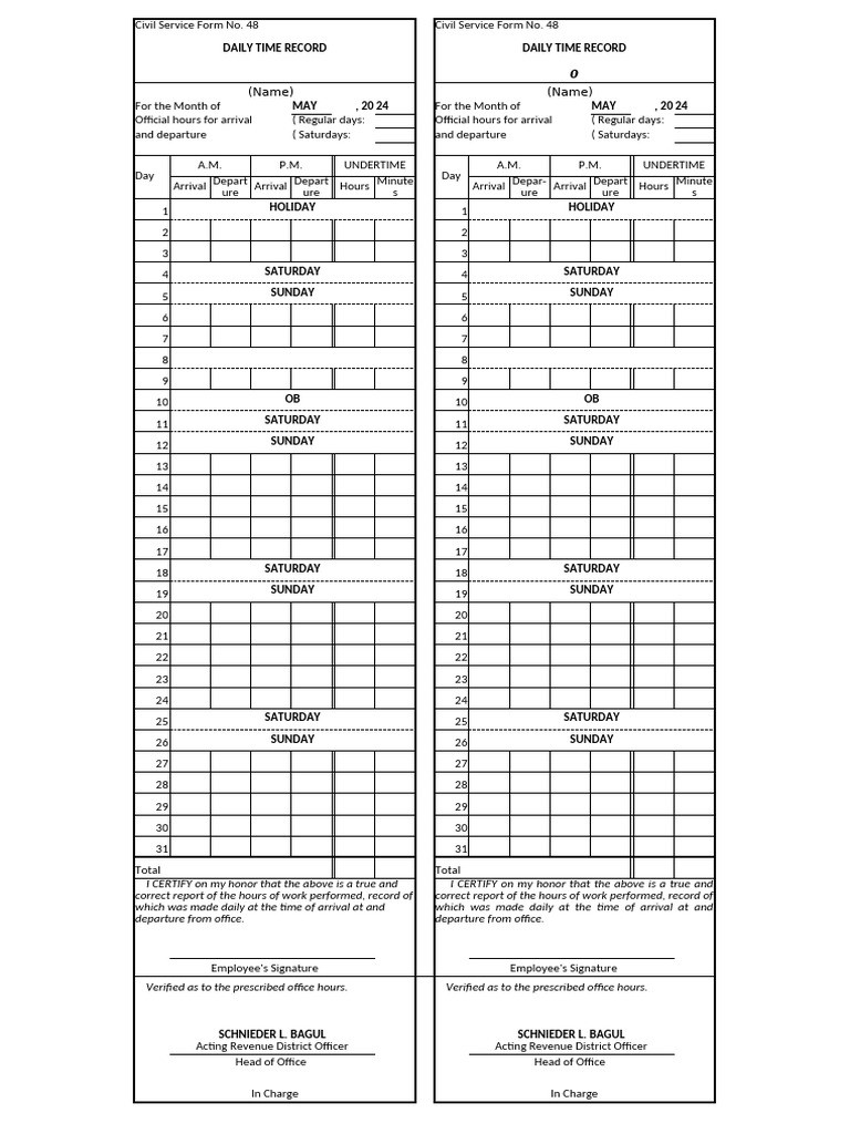 Csc Form 48 Daily Time Record Pdf