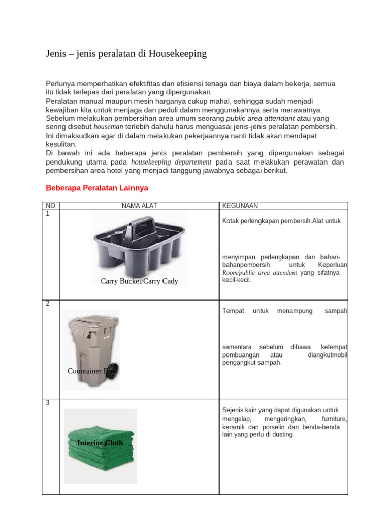 Jenis Jenis Peralatan Di Housekeeping | PDF