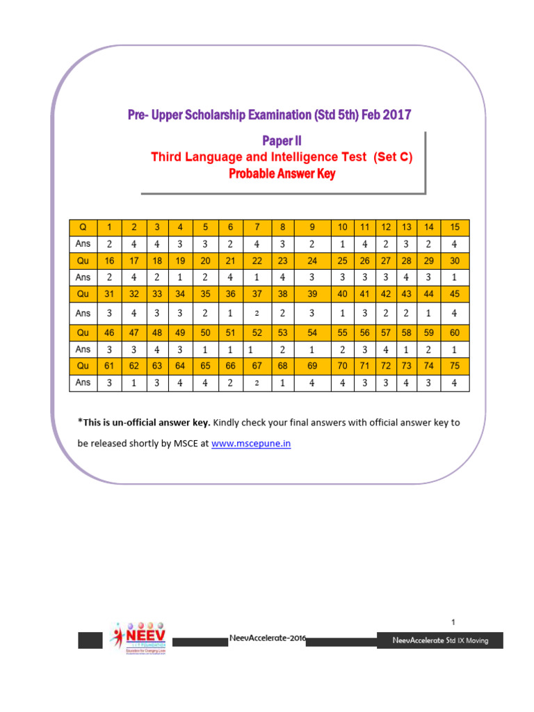 STD 5 Scholarship Test Paper 2 Third Language and Intelligence Test Key ...