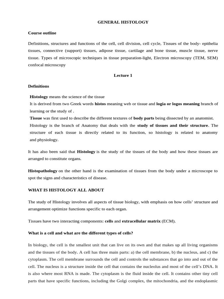 General Histology Lecture Notes | PDF | Epithelium | Endoplasmic Reticulum