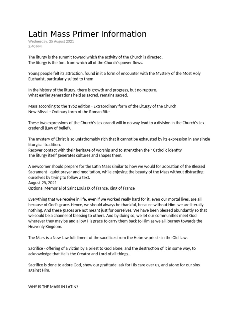 Latin Mass Primer Information | PDF | Mass (Liturgy) | Catholic Church