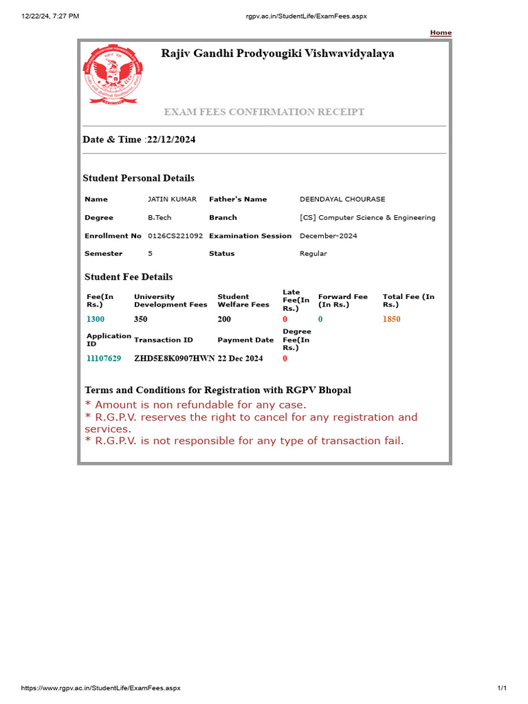 RGPV - Ac.in StudentLife ExamFees - Aspx | PDF