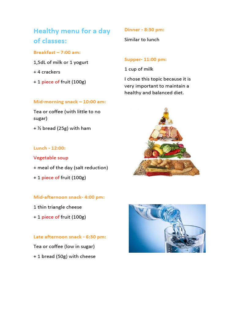 Healthy Menu For A Day of Classes | PDF