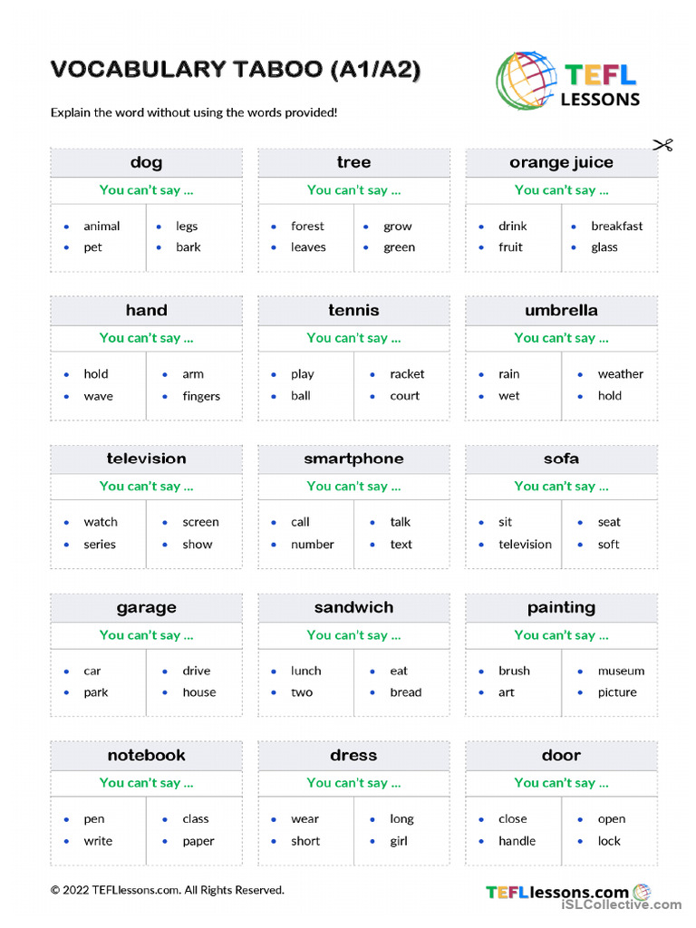 Vocabulary Taboo Game for A1-A2 Level | PDF