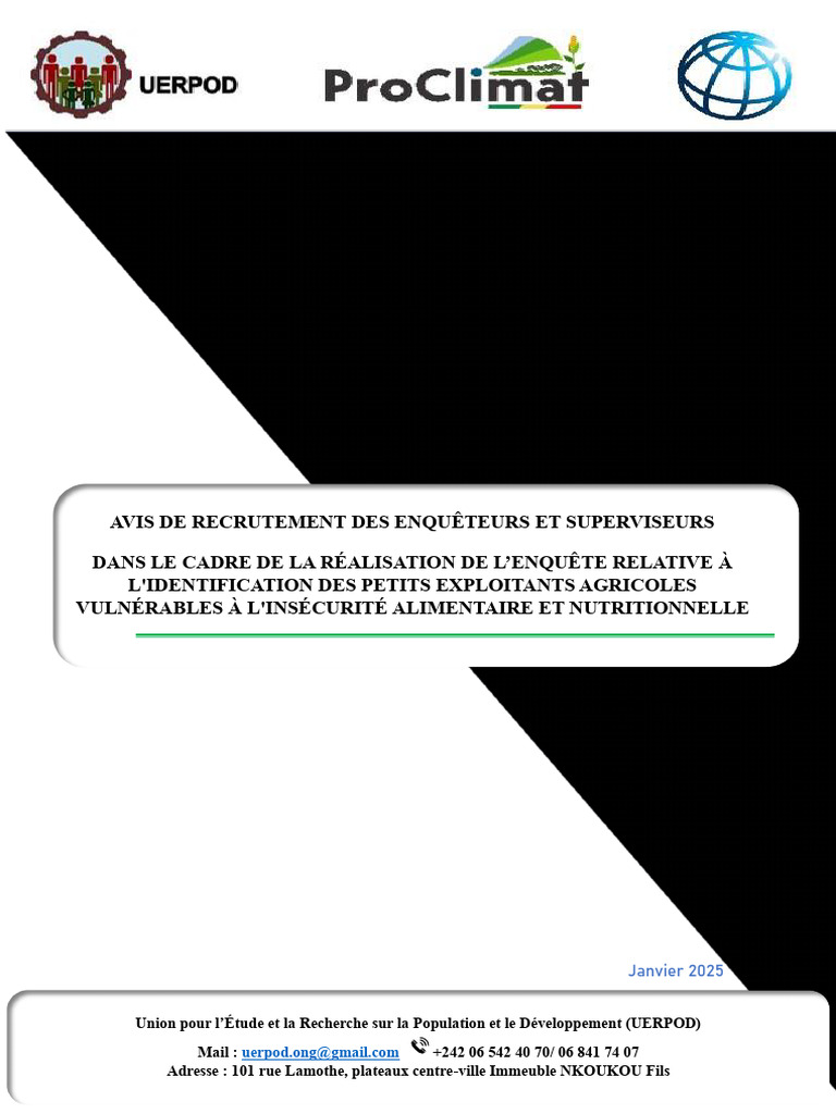 Avis de Recrutement Des Enquêteurs Et Superviseurs-uerpod-proclimat ...