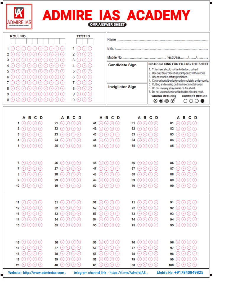 OMR Sheet For Practice - Admire IAS | PDF