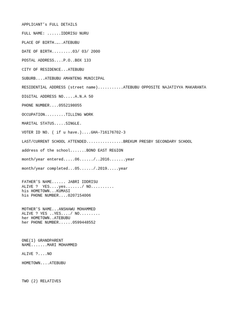 Applicant Personal Information Summary | PDF