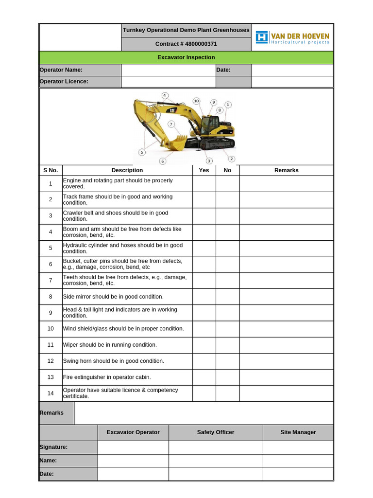 Excavator Safety Inspection Checklist | PDF