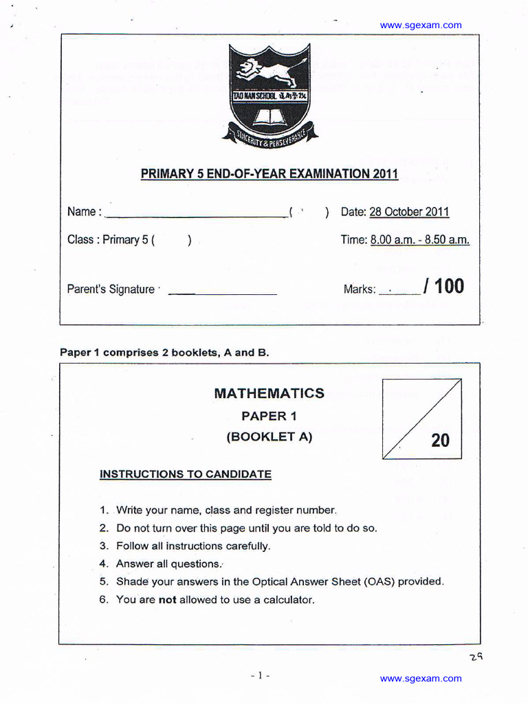 2011-P5-Maths-SA2-Tao Nan | PDF