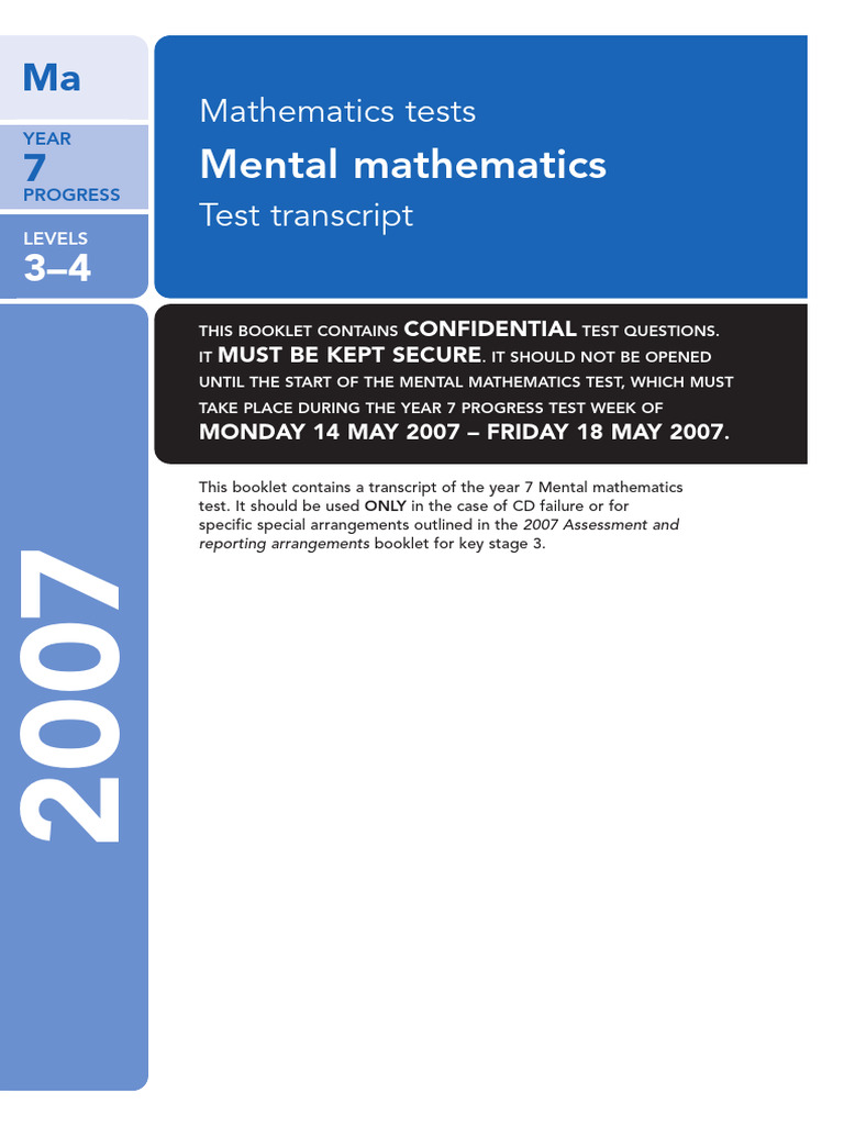 Year 7 Optional 2007 Mathematics Mental Maths Audio Transcript | PDF