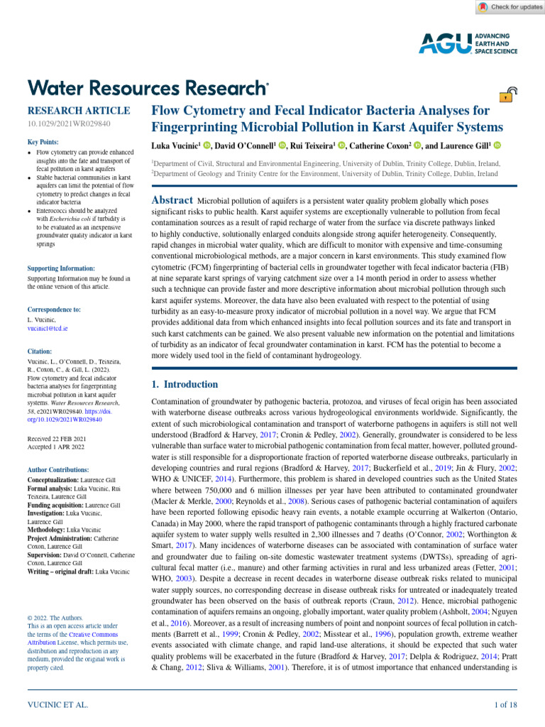 Water Resources Research - 2022 - Vucinic - Flow Cytometry and Fecal Indicator Bacteria Analyses ...