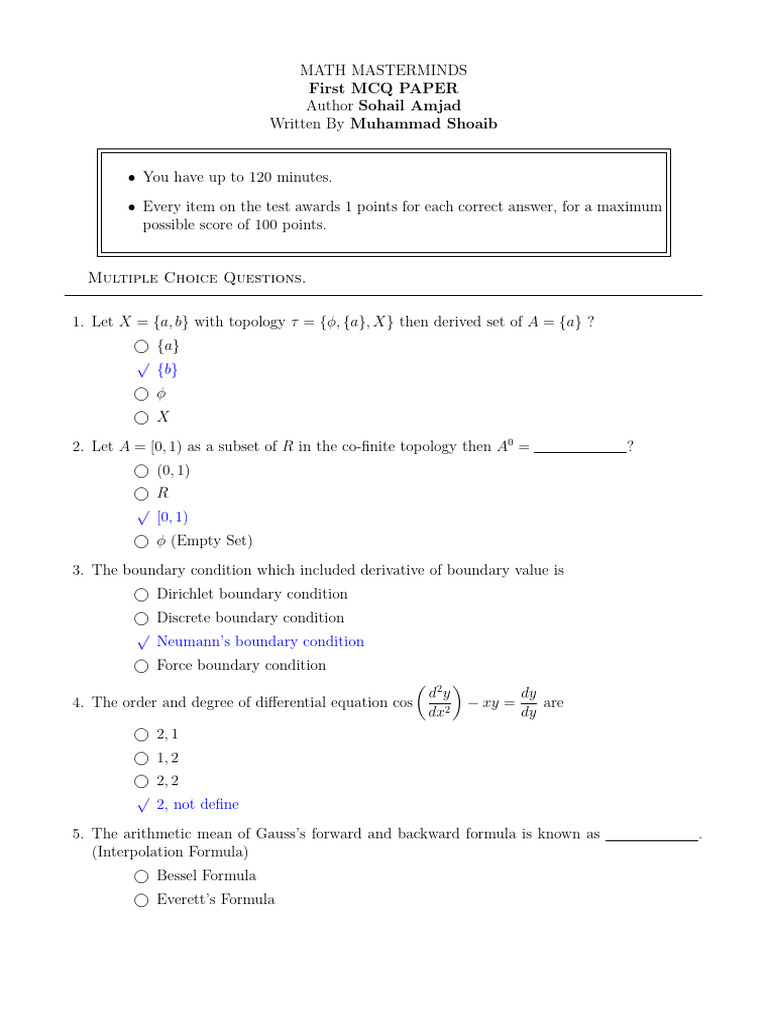 1st MCQs Paper Solved | PDF | Integral Equation | Teaching Mathematics