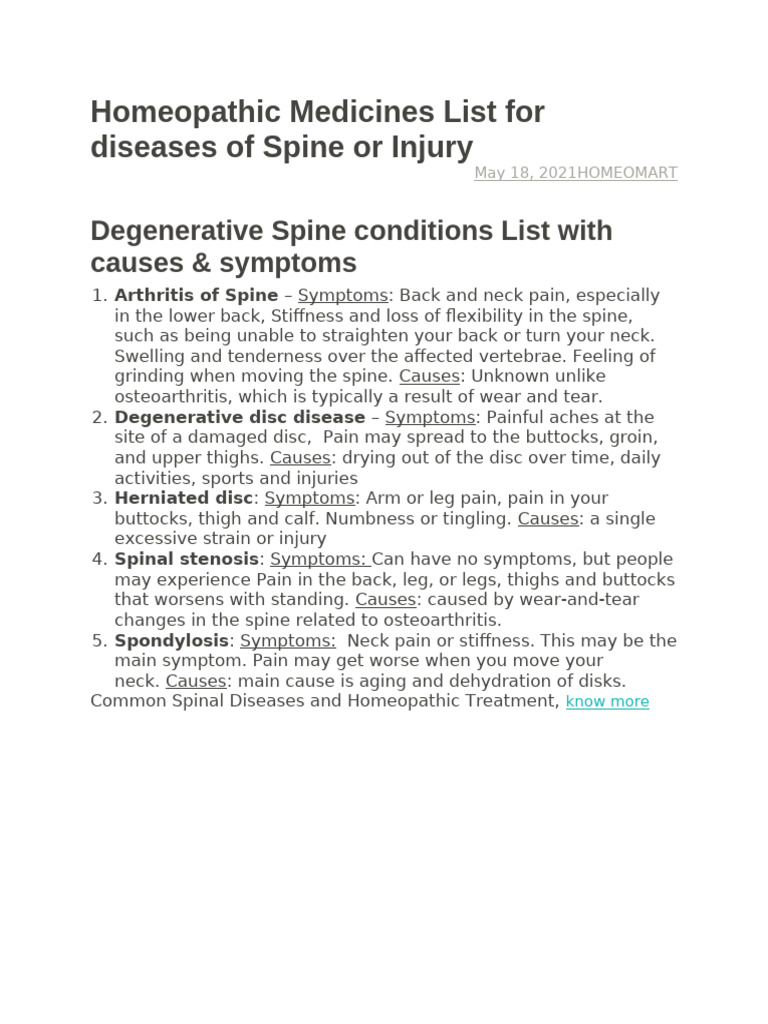 Homeopathic Medicines List for diseases of Spine or Injury | PDF ...