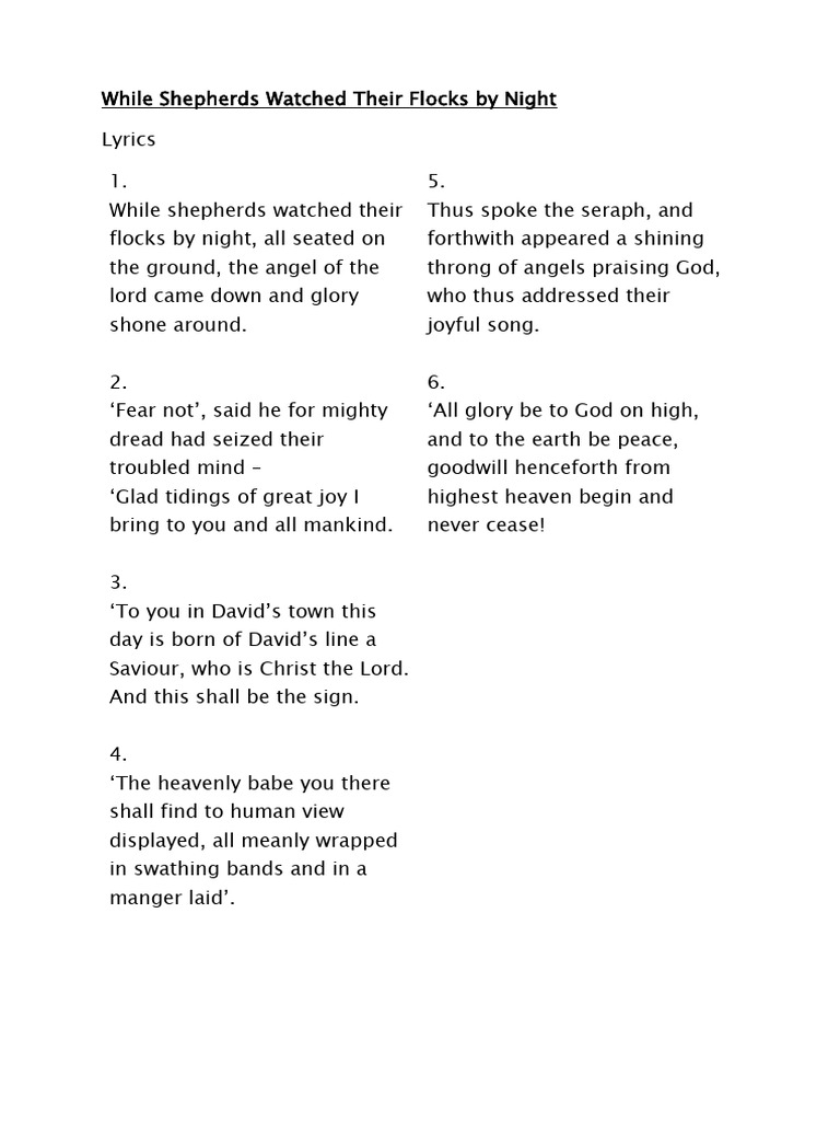 While Shepherds Watched Their Flocks by Night Lyrics Yr 1 | PDF