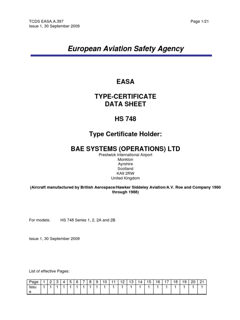EASA TCDS A.397 - BAe - HS - 748 01 30092009 | PDF | Aircraft | Landing ...