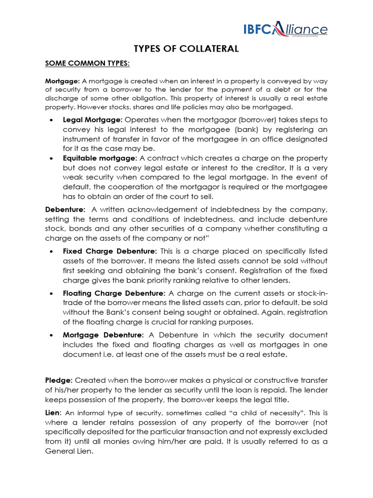 TYPES OF COLLATERAL - Reading Material | PDF | Mortgage Law | Lease