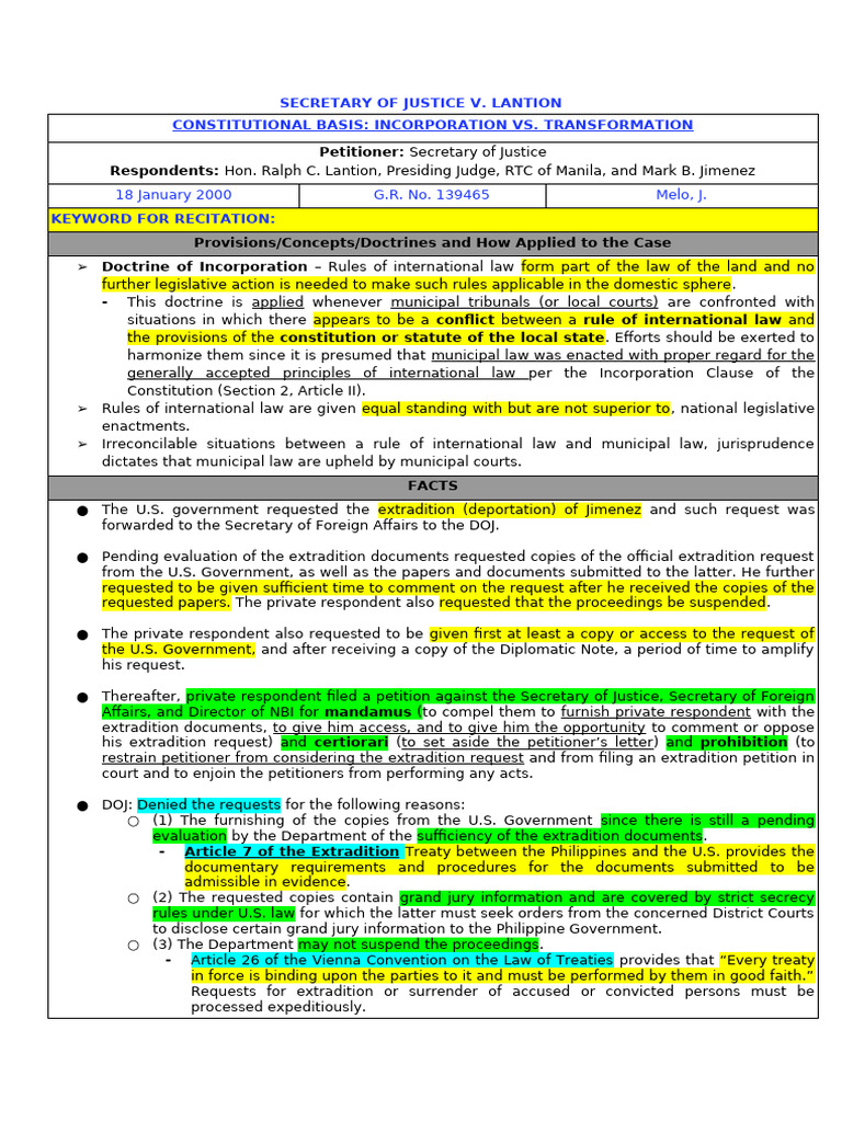 Secretary of Justice v. Lantion | PDF | Extradition | Due Process Clause