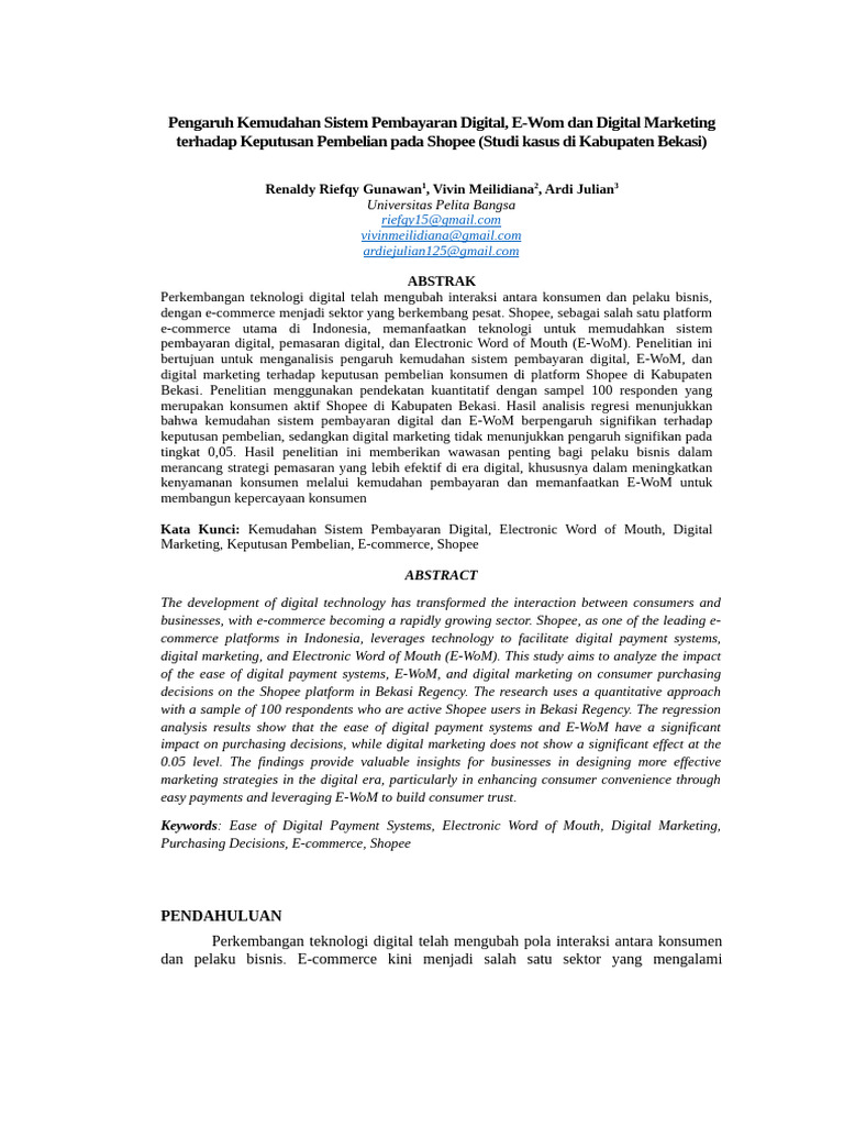 Pengaruh Kemudahan Sistem Pembayaran Digital, E-Wom Dan Digital Marketing Terhadap Keputusan ...