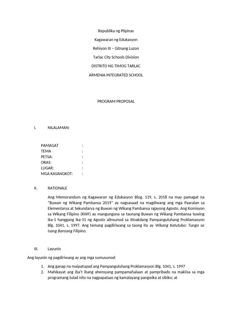 Buwan ng Wika 2019 Program Proposal | PDF