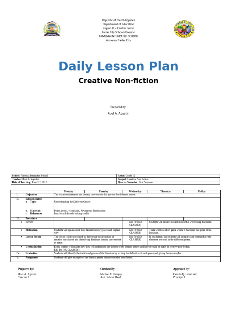 Lesson Plan (Creative Non-Fiction) | PDF | Creative Nonfiction | Writing