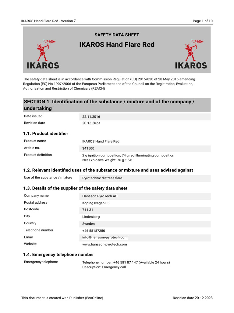 Ikaros Red Hand Flare Safety Data Sheet | PDF | Toxicity | Waste