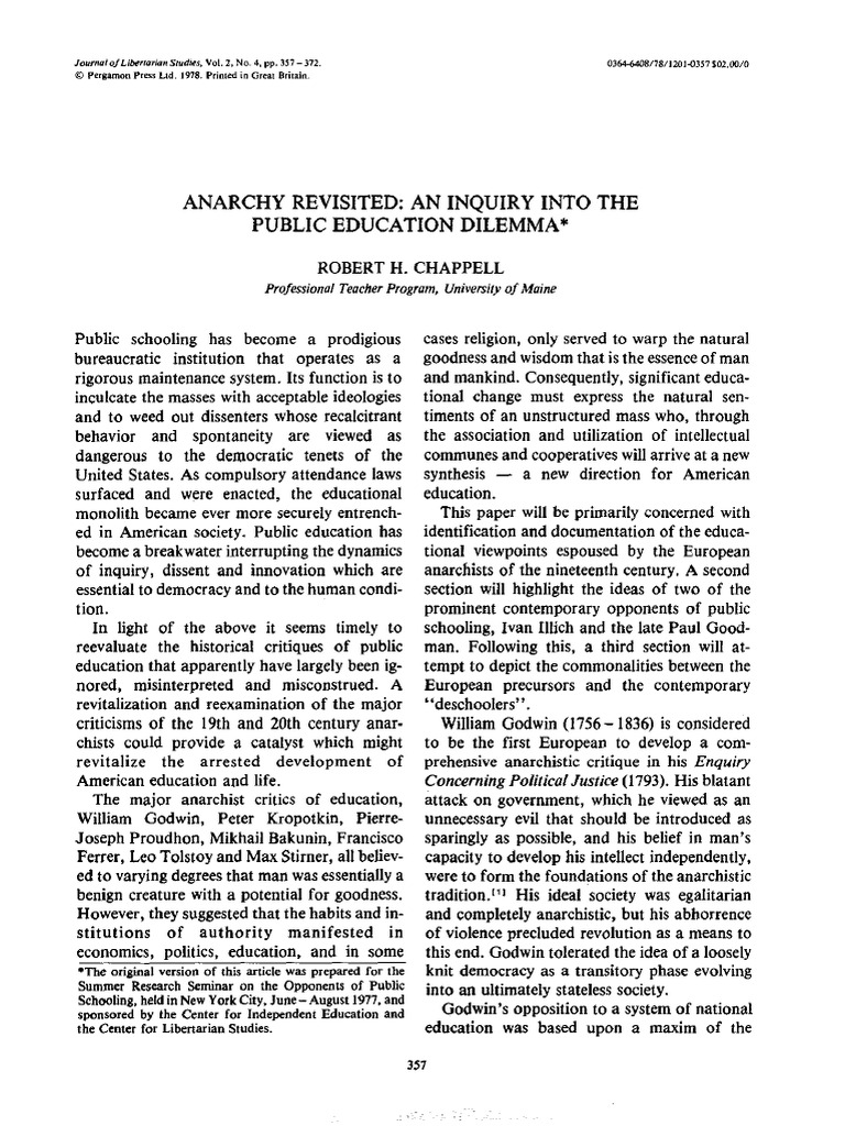 Anarchy Revisited [an Inquiry Into the Public Education Dilemma] | PDF