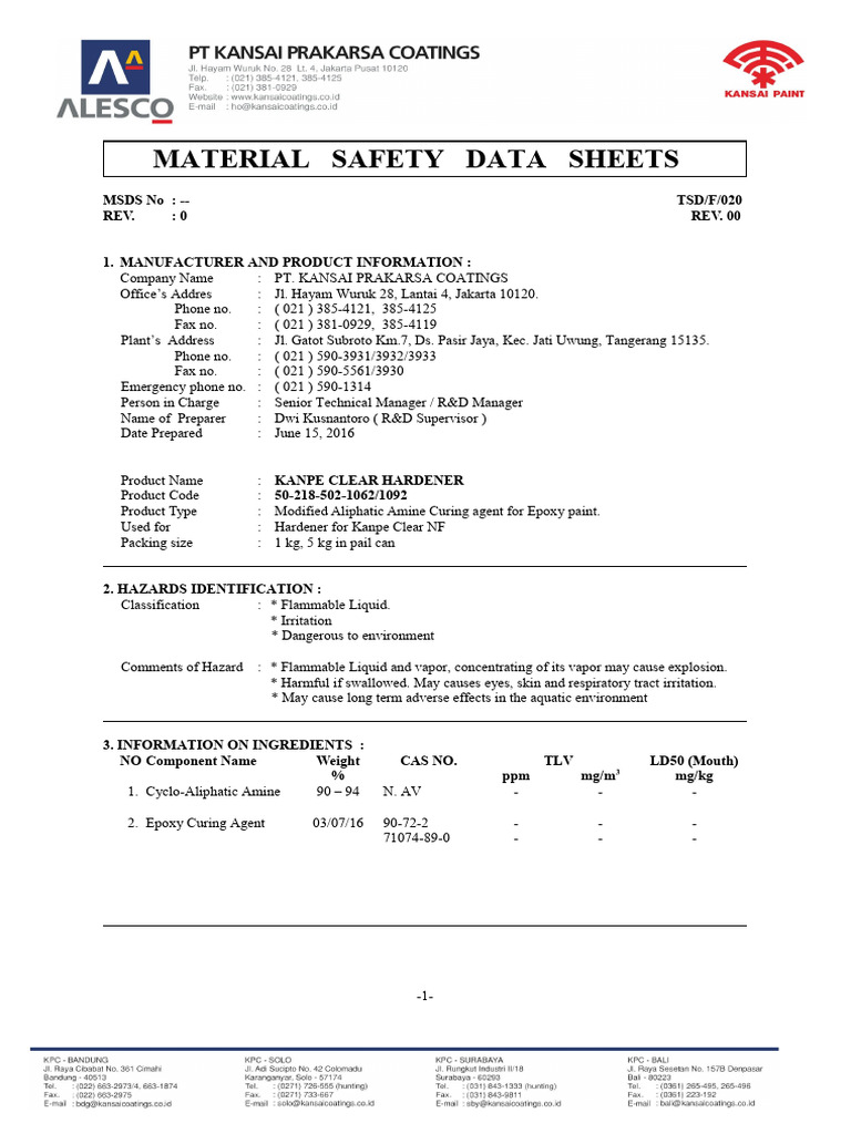 MSDS 218-502 (Kanpe Clear Hardener) | PDF | Safety | Waste