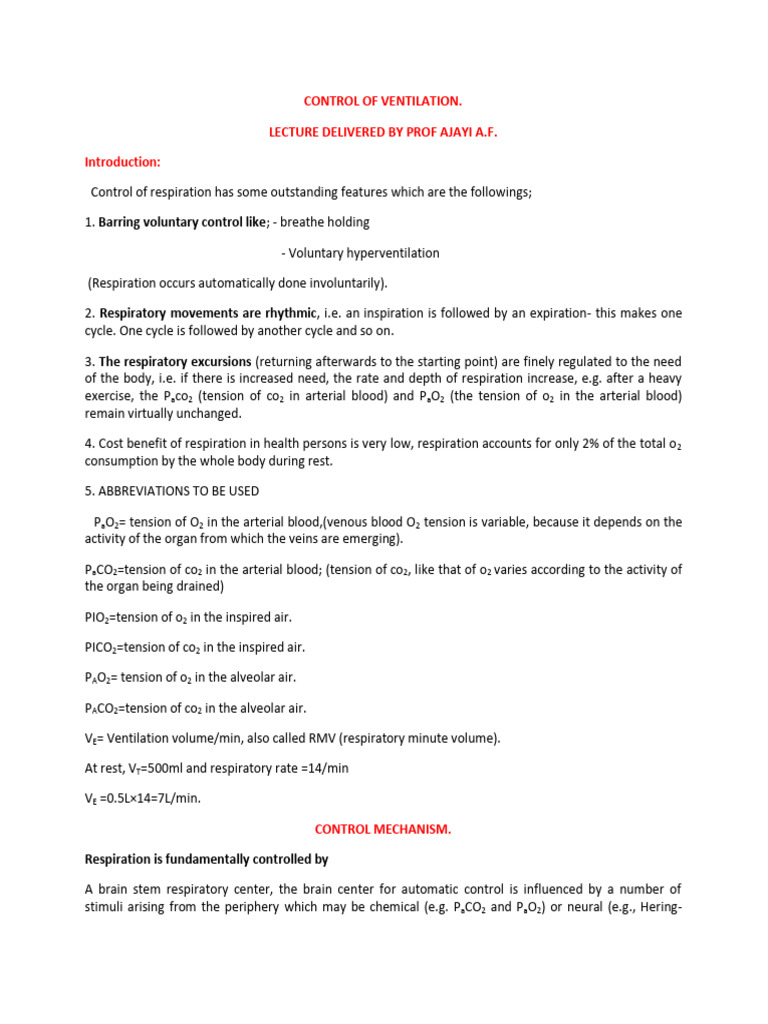 Mbbs Lecture On Control of Ventilation | PDF | Breathing | Respiration
