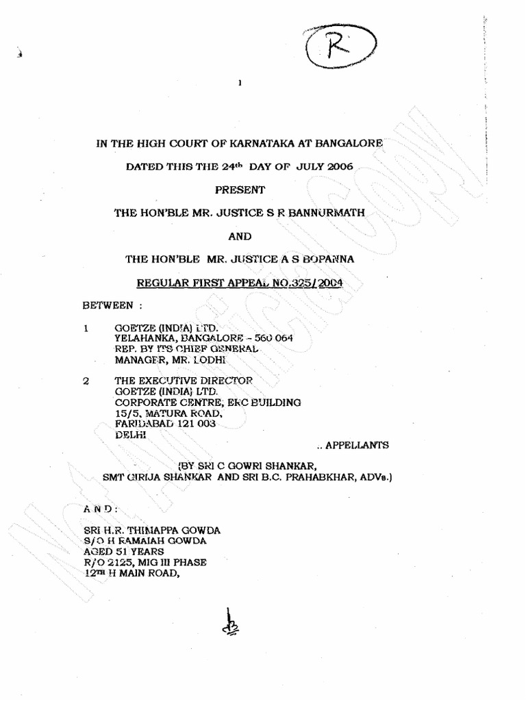 Goetze (India) Limited, Bangalore And Another v. H.R Thimmappa Gowda | PDF