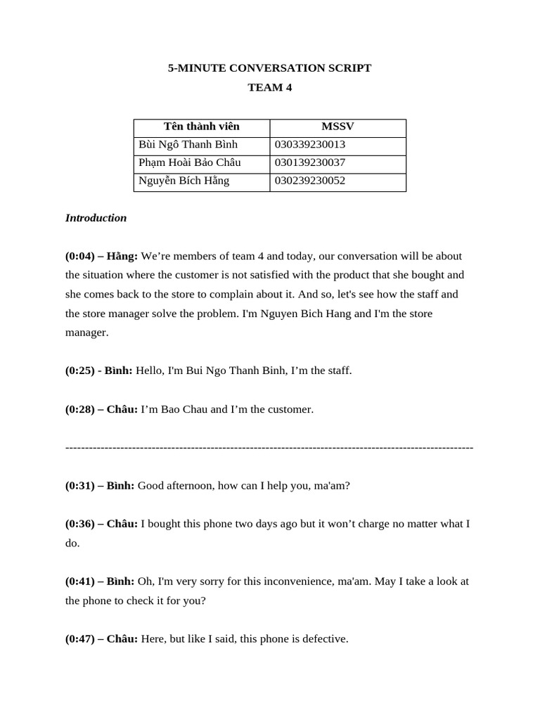 Nhóm 4 - Conversation Script | PDF | Fee