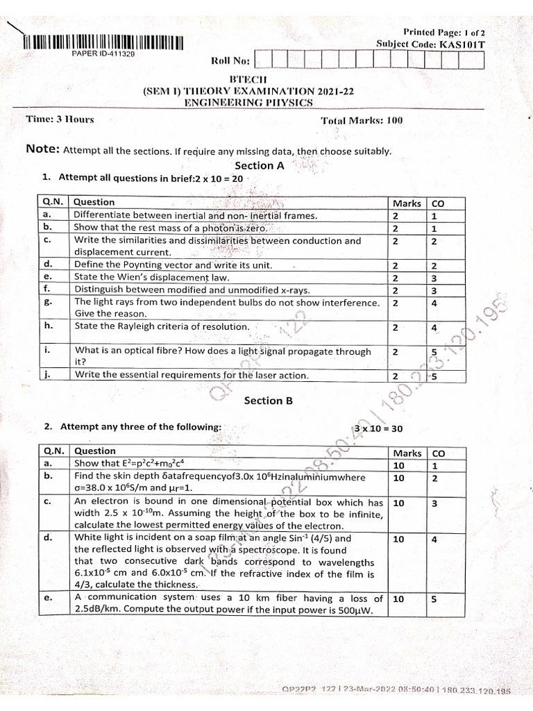 BAS-101_Odd Sem. 2021-22_Engineeing Physics | PDF