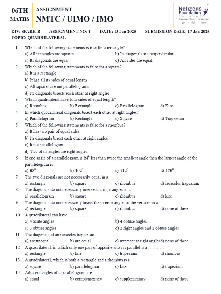 N5 6TH Spark B Math Assignment 01 Quadrilateral 13-01-2025 | PDF | Rectangle | Geometric Shapes