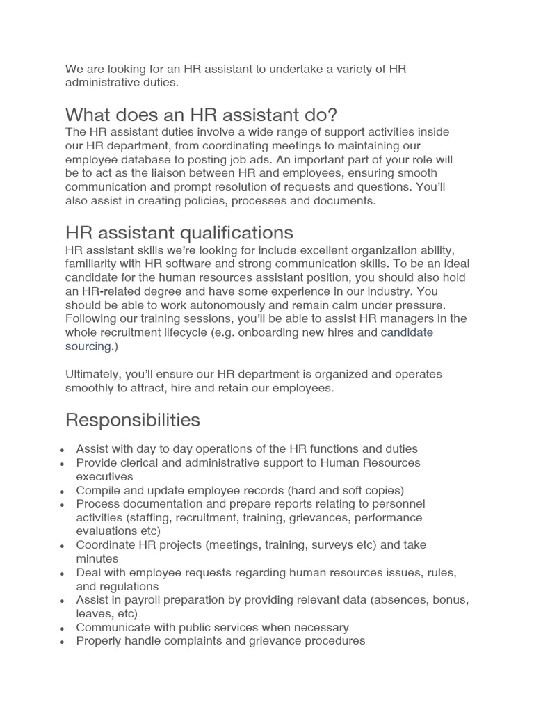 HR Assistant Job Description Sample | PDF | Human Resources | Recruitment
