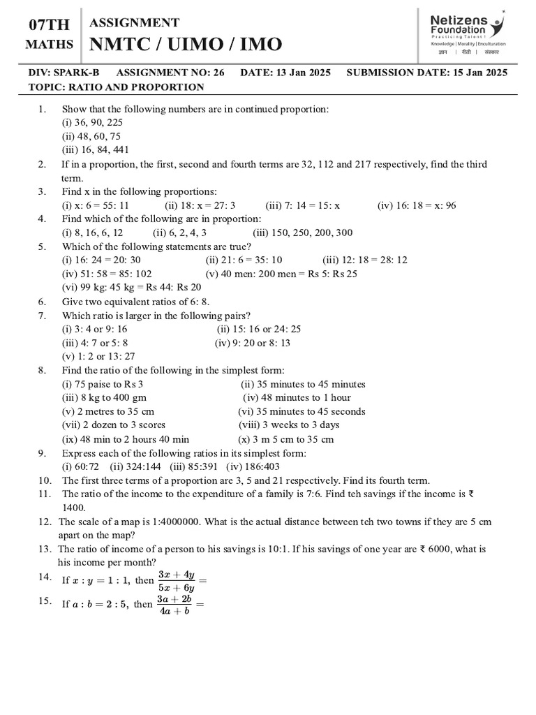 N1 - 7TH - Spark - B - Maths - Ratio and Proportion - Assignment - 26 - Date - 13.01.2025 | PDF