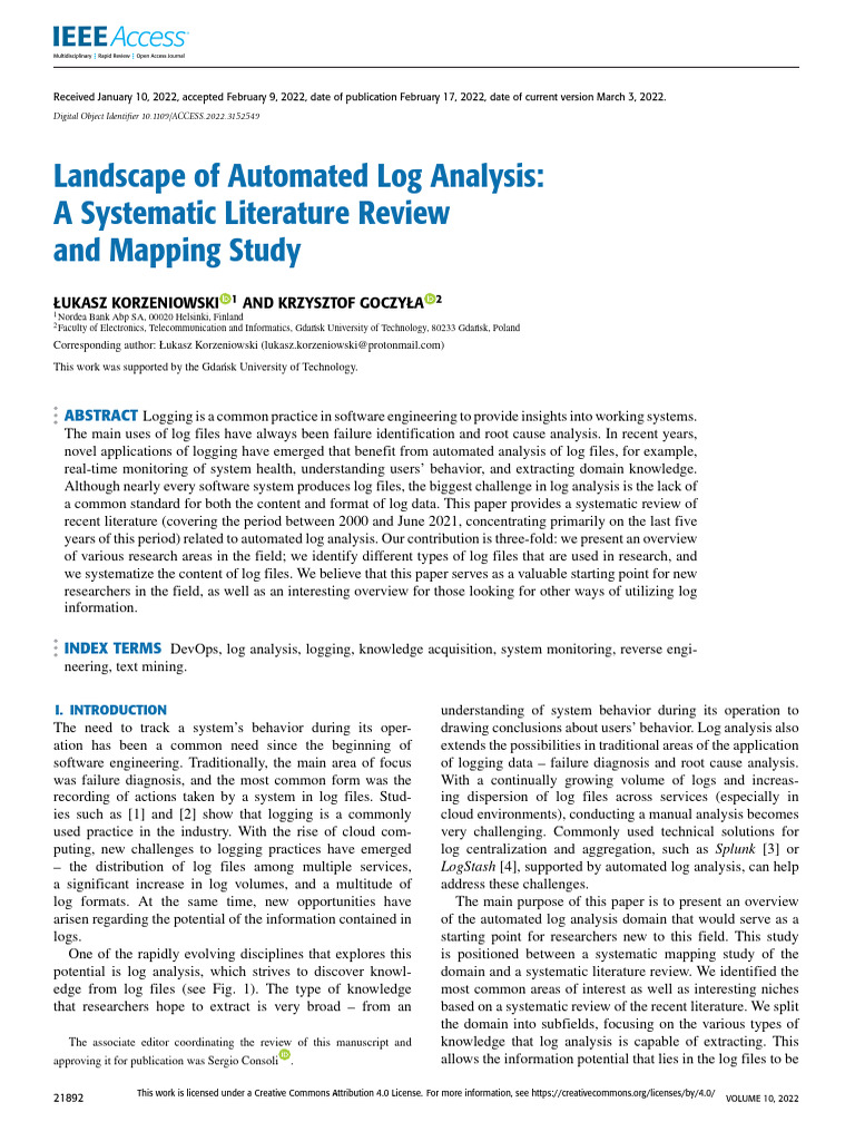 Landscape of Automated Log Analysis a Systematic L | PDF | System | Information