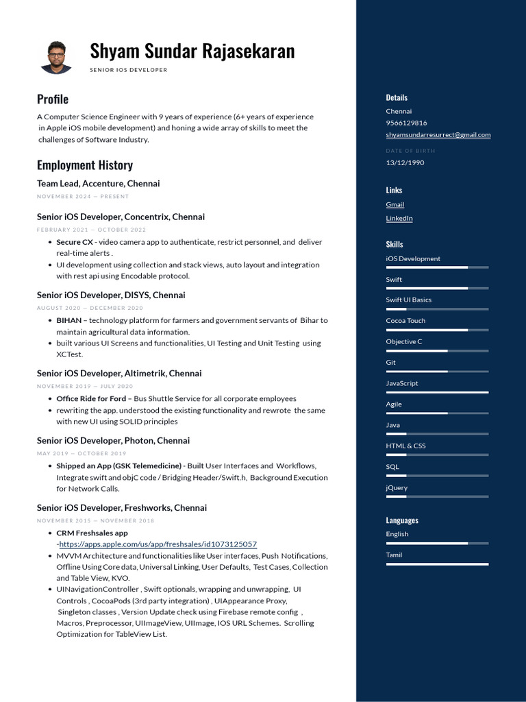 Shyam Sundar Rajasekaran - Senior IOS Developer | PDF | Ios | Swift (Programming Language)