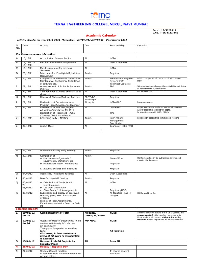 Terna Engineering College, Nerul, Navi Mumbai: Academic Calendar | PDF ...