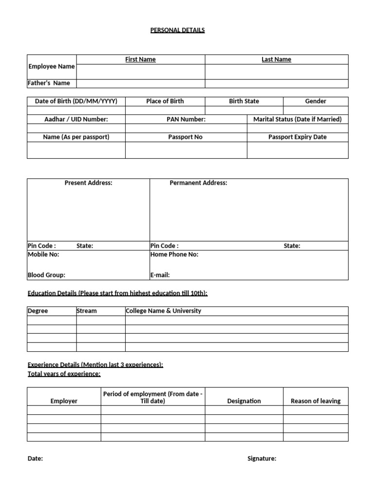 Personal Details Form Template | PDF