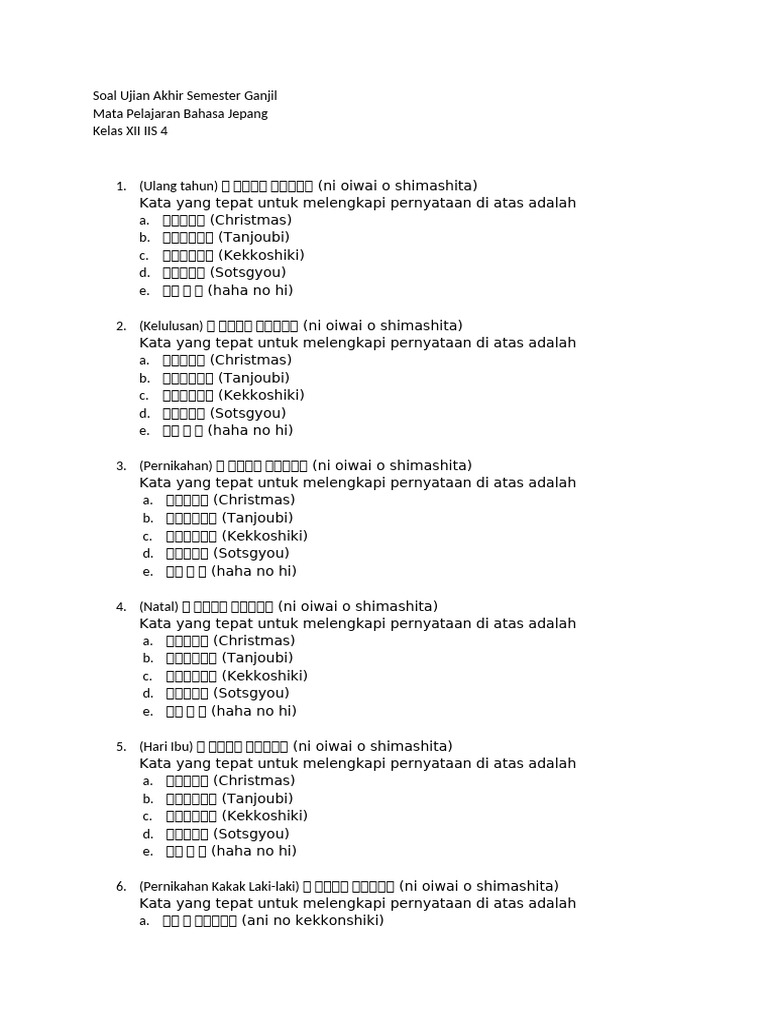 Soal Bahasa Jepang Kelas XII IIS | PDF