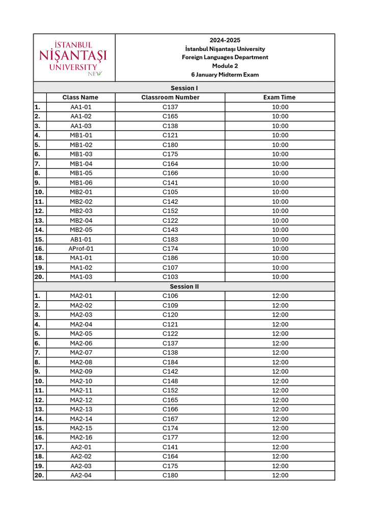 İstanbul Nişantaşı University Exam Schedule | PDF